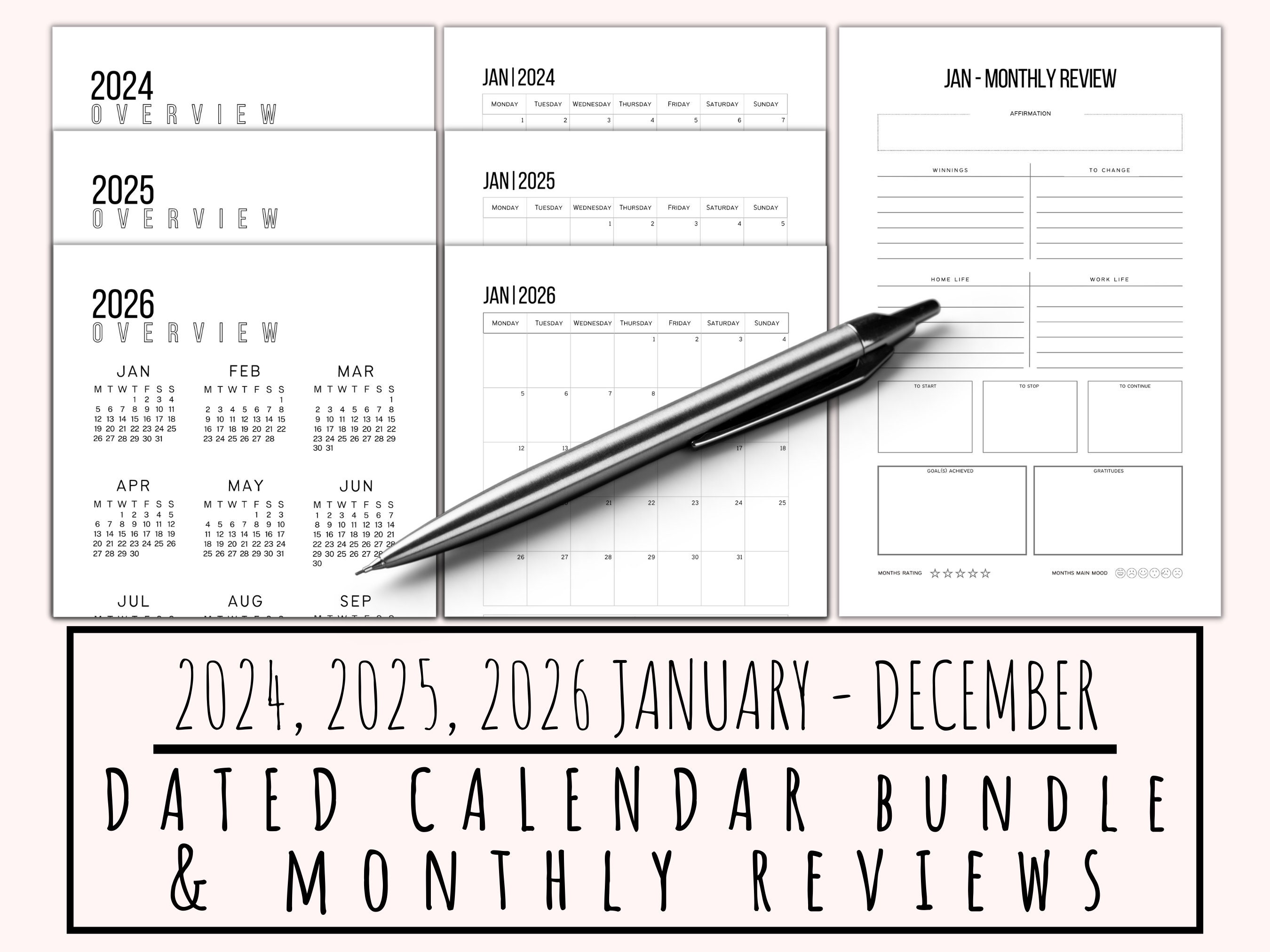 2024 2025 2026 Dated Monthly Calendar Bundle, Overview, Review, Jan-dec ...
