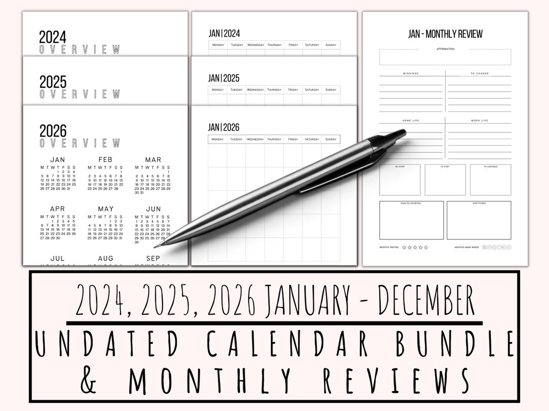 2024 2025 2026 Undated Monthly Calendar Bundle, Overview, Review, Jan ...