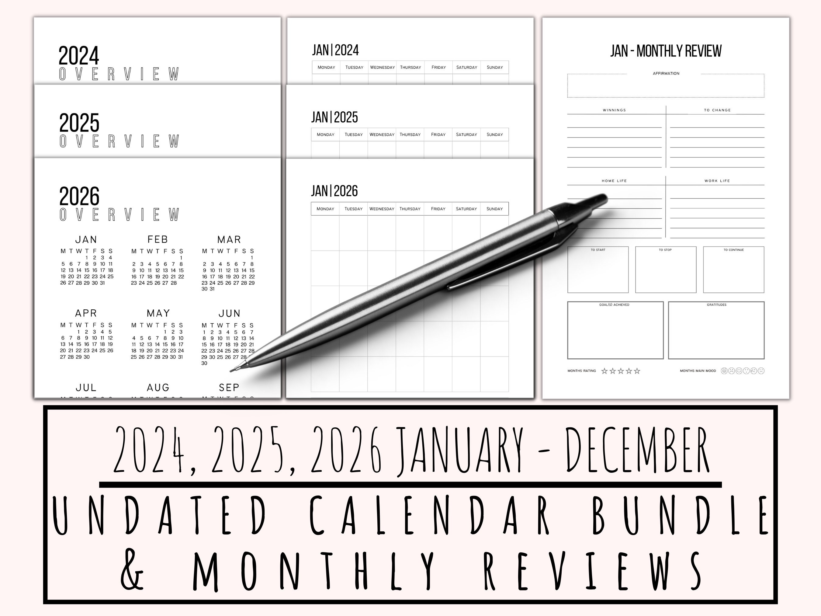 2024 2025 2026 Undated Monthly Calendar Bundle, Overview, Review, Jan ...