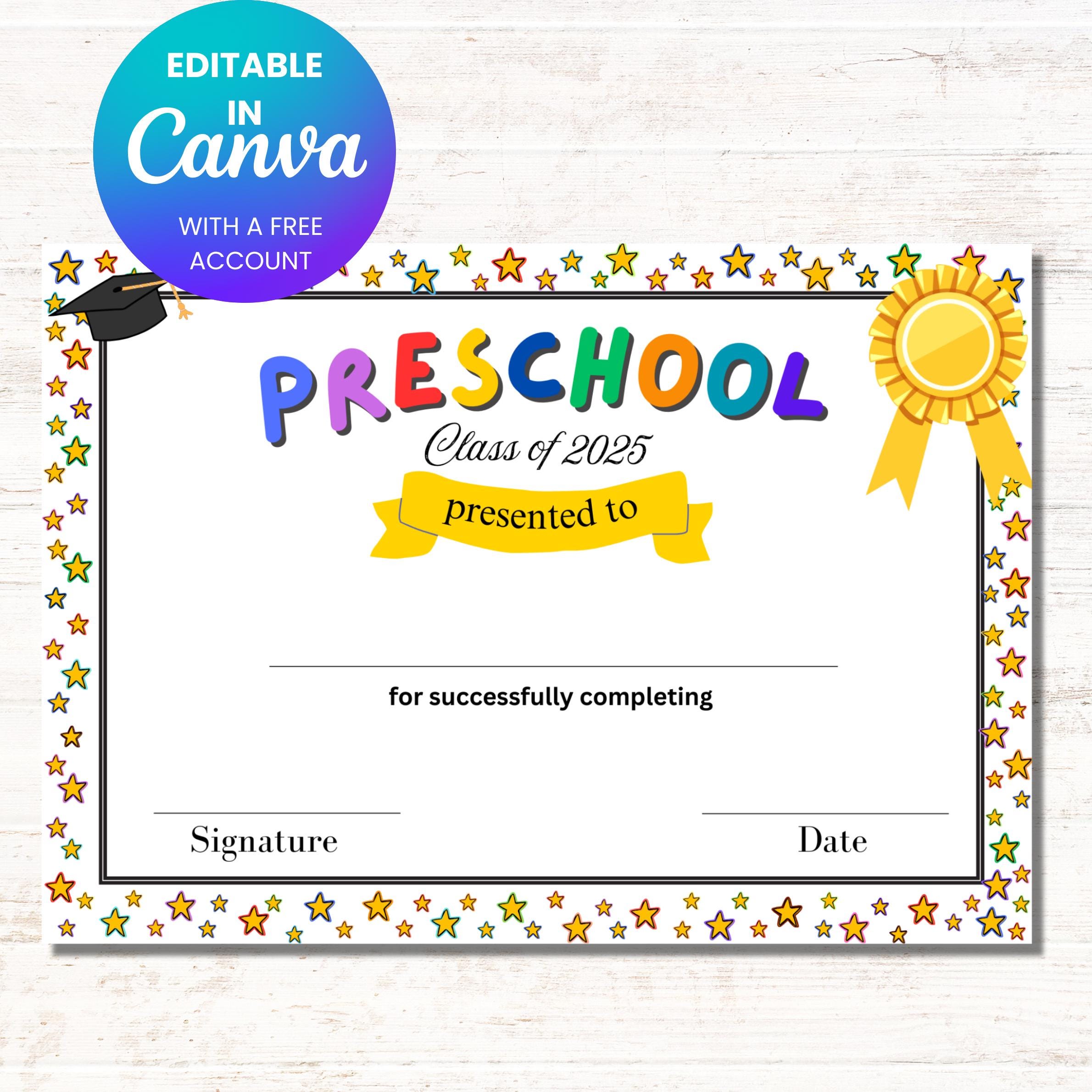Editable Preschool Graduation Certificate 2025 | Printable Diploma ...