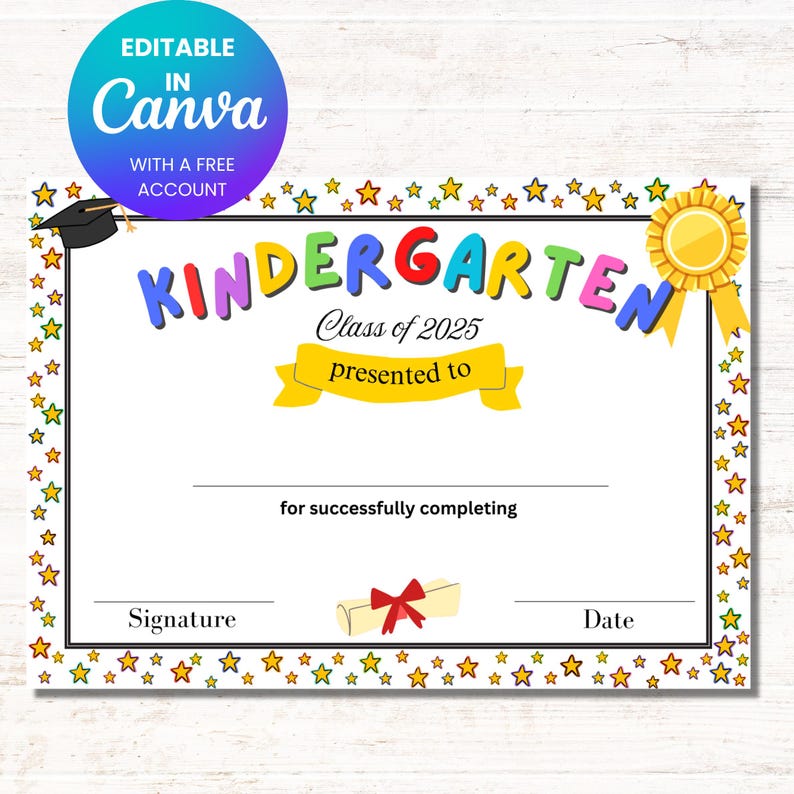 Editable Kindergarten Graduation Certificate 2025 | Printable Diploma ...
