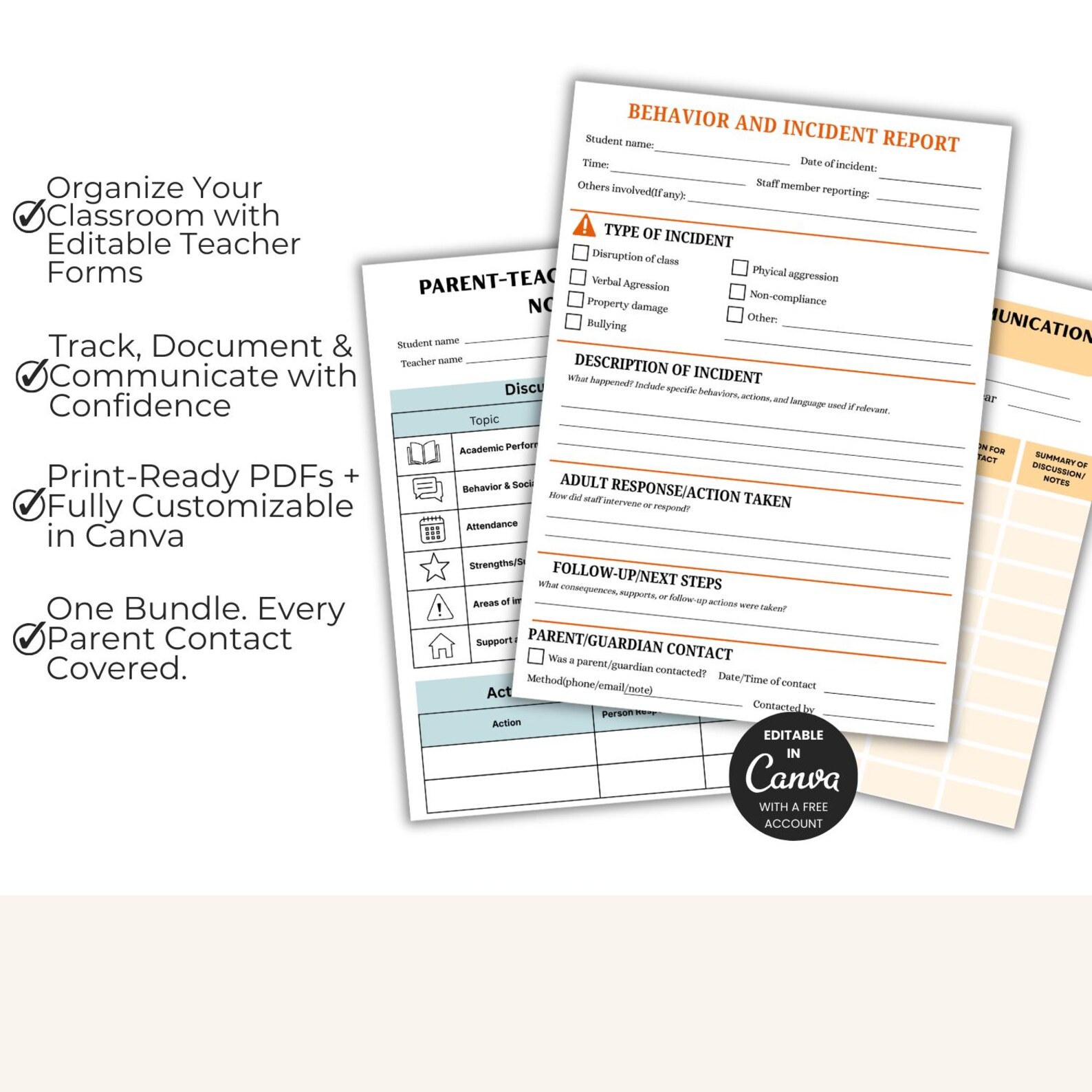 Teacher Forms Bundle Printable | Parent Contact Log, Behaviour Report ...