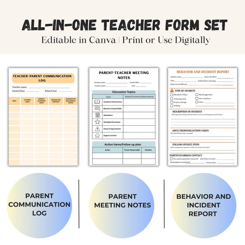 Teacher Forms Bundle Printable | Parent Contact Log, Behaviour Report ...