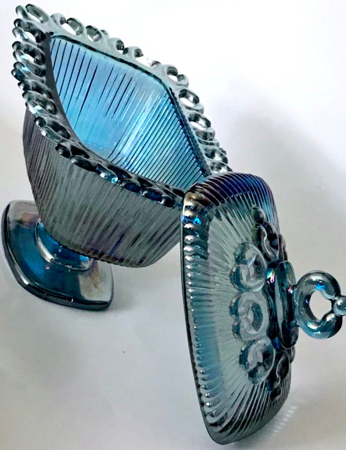 Vintage Indiana Glass Lace Pattern Iridescent Blue Candy Dish - Etsy