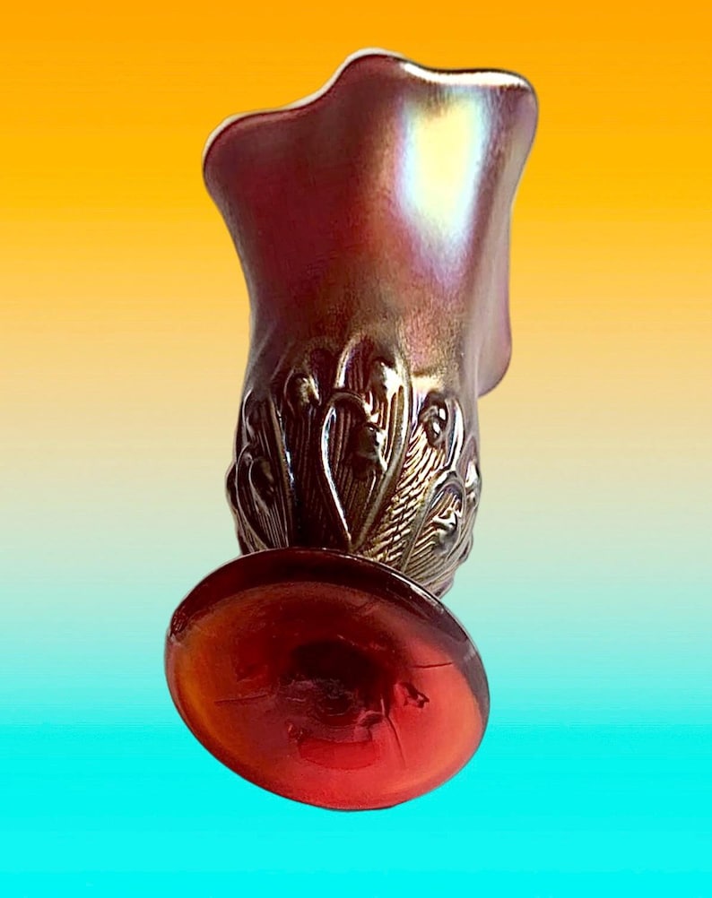 Vintage Fenton Ruby Red Amberina Stretch Ruffled Vase - Iridescent Carnival Art Glass, Swung ...