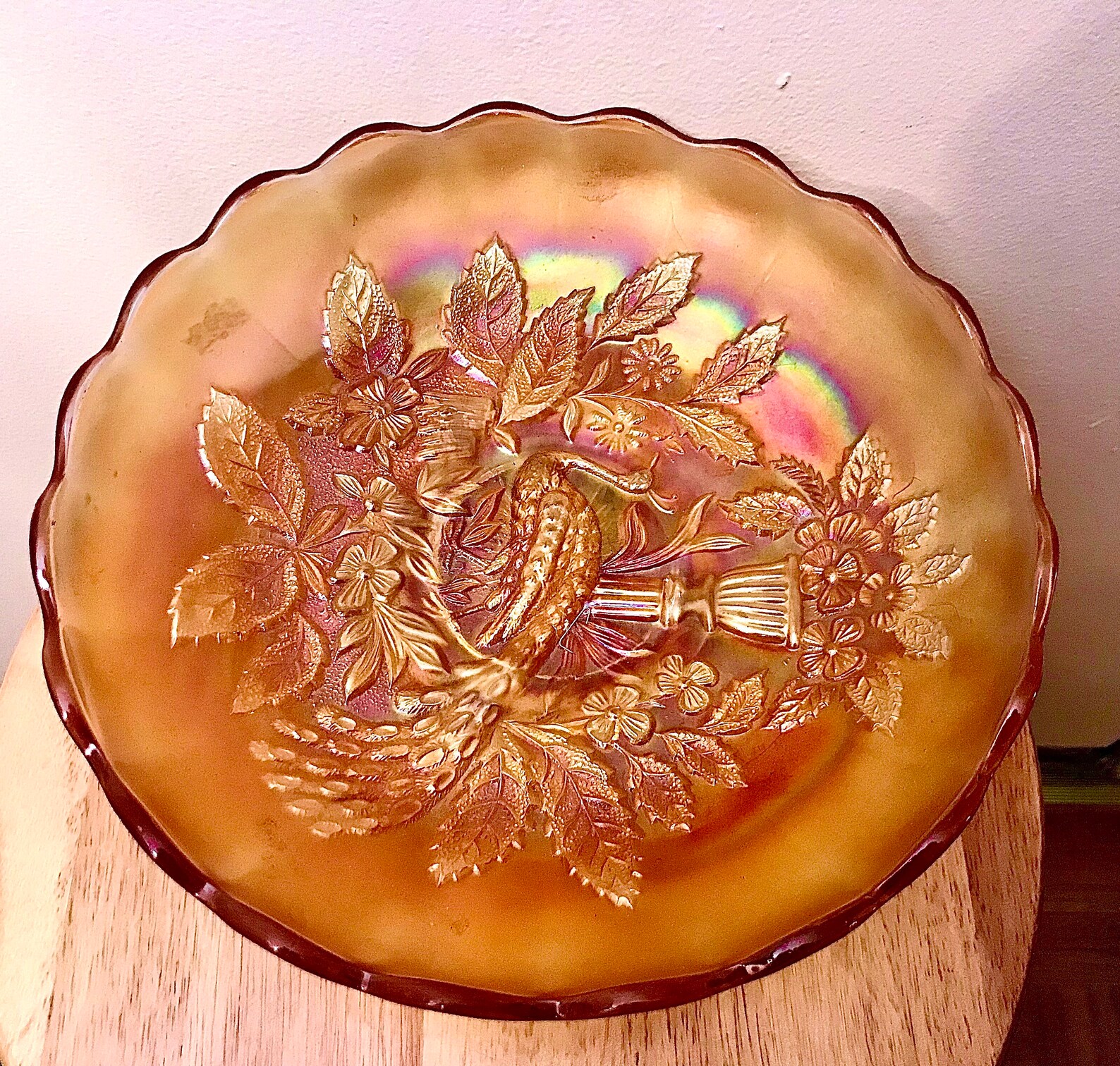 Rarest Marigold Northwood Carnival Glass Peacock & Urn Large Ice Cream ...