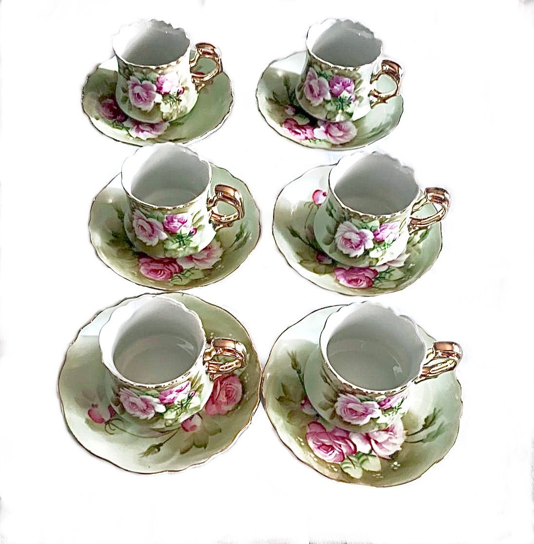 Six Lefton China Hand Painted Green Heritage Pink Roses Teacups and ...