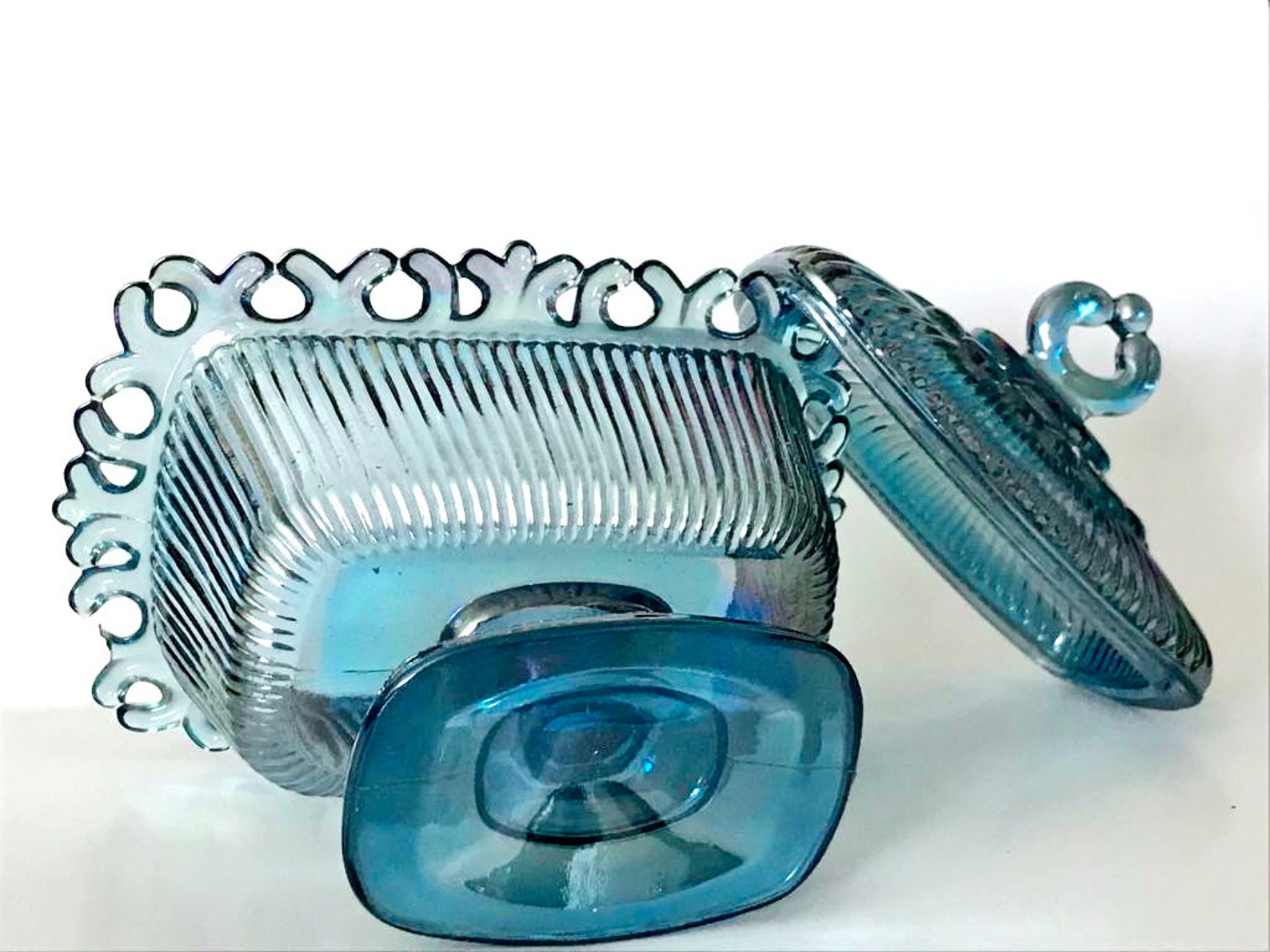 Vintage Indiana Glass Lace Pattern Iridescent Blue Candy Dish - Etsy