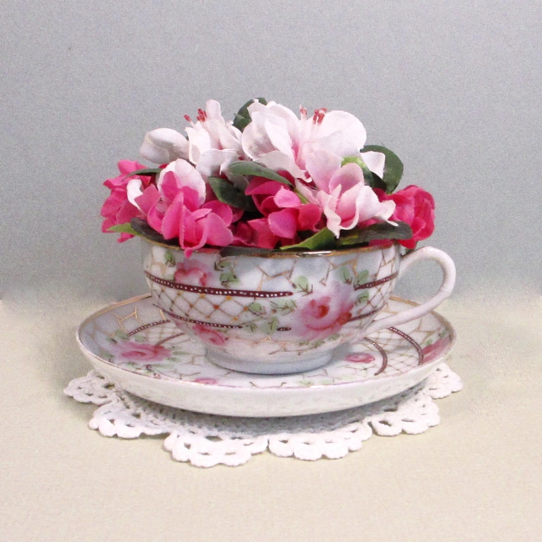 Vintage Porcelain Teacup Pink Floral Arrangement With Pink and White ...
