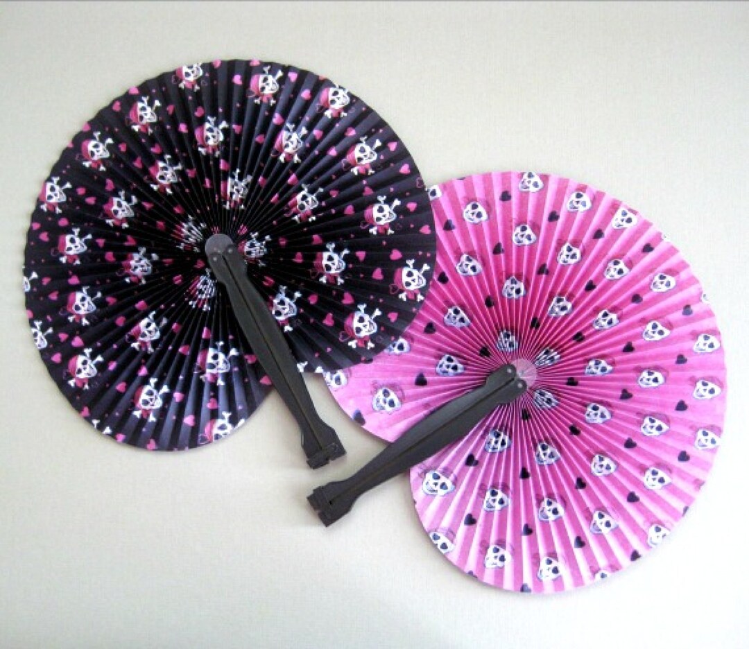 Skull and Crossbones Folding Hand Fans, Set of 6 Pink and Black ...