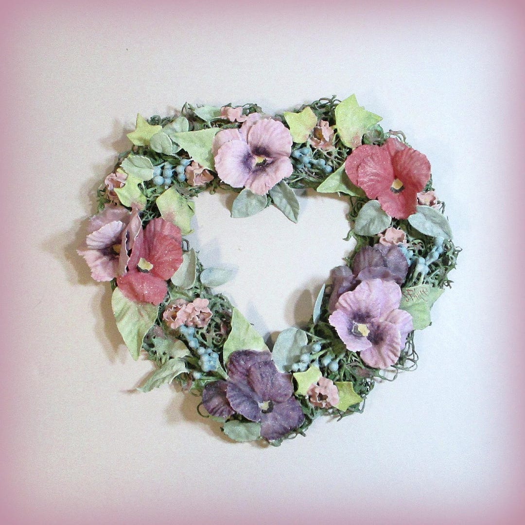 Romantic Victorian Pansy Flower Heart Wreath Handmade Clay Sculpture ...