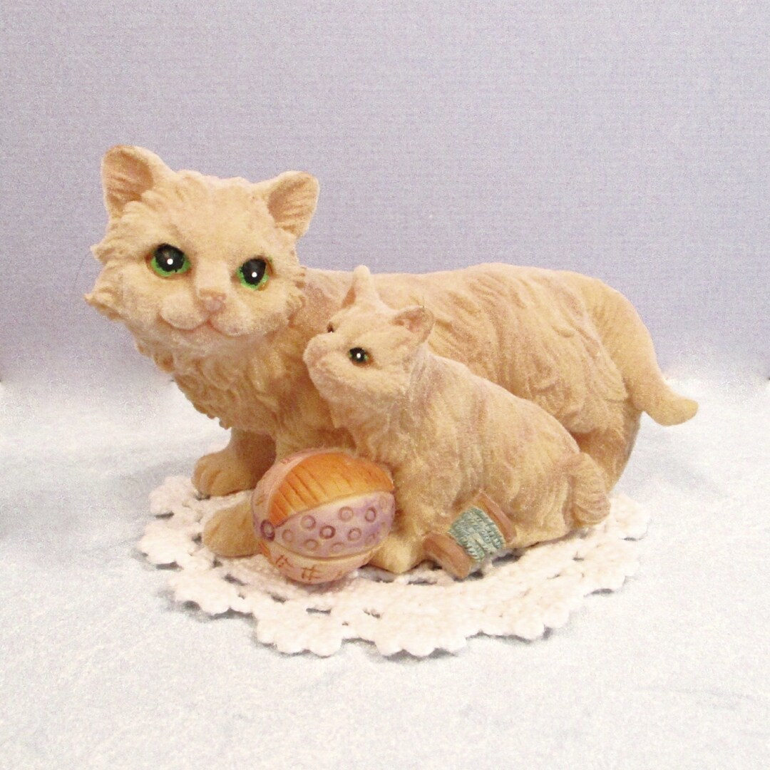 Vintage Orange Mother Cat and Kitten Figurine . Fuzzy Flocked 90s ...