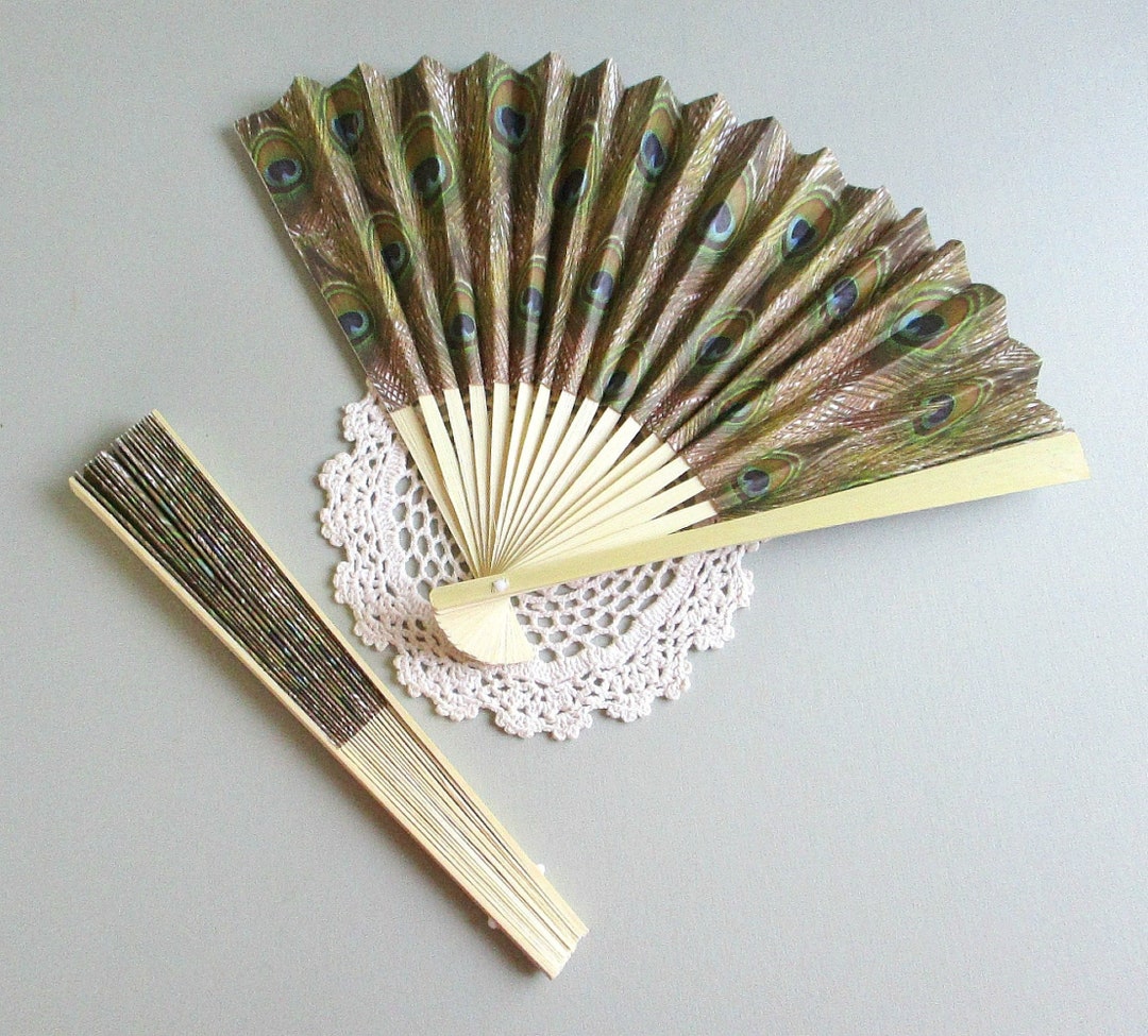 Peacock Feather Paper & Wood Folding Hand Fans: Set of 4. Hawaiian Luau ...