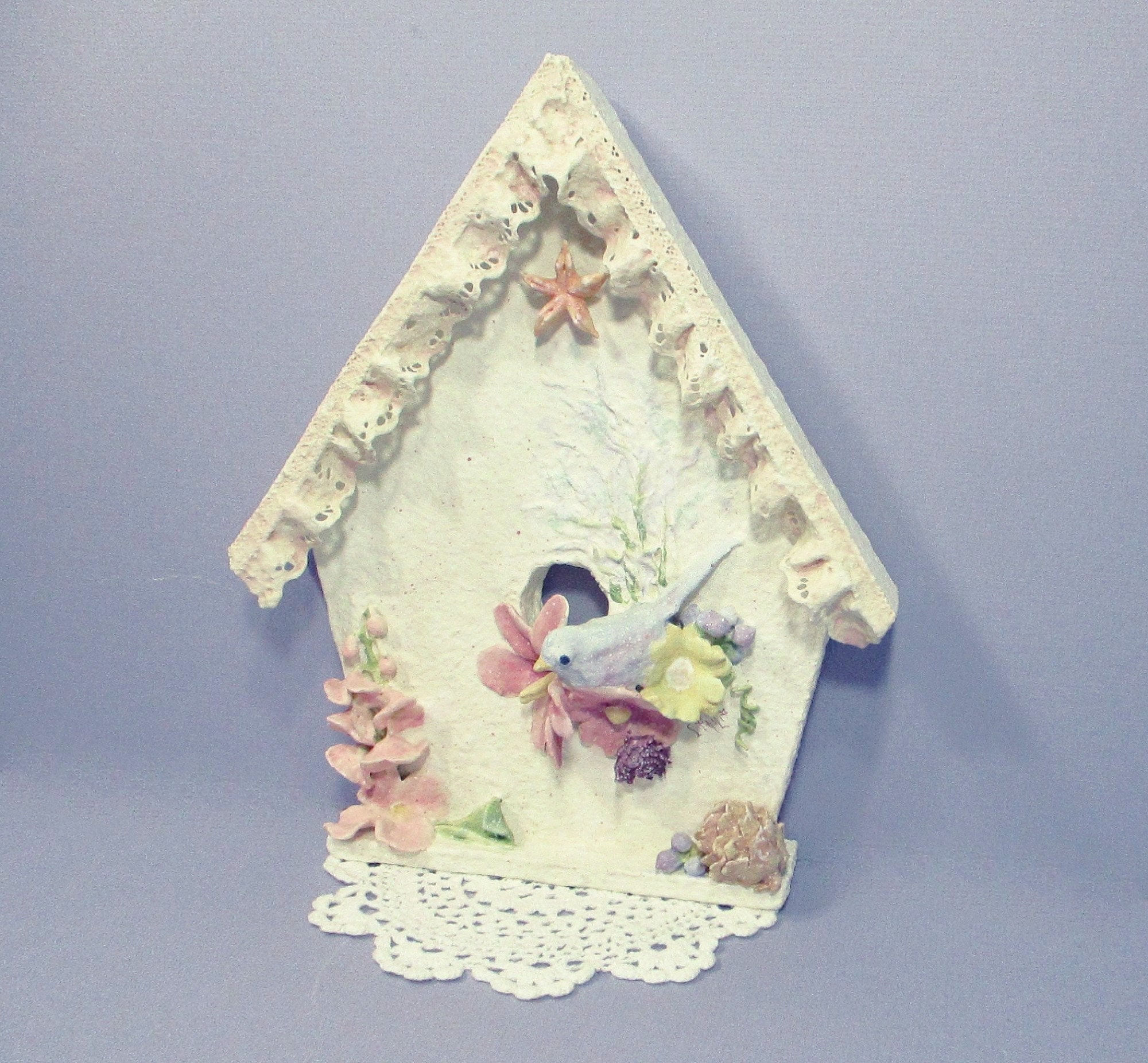 Decorative Wooden Floral Birdhouse Plaque . Shabby Chic Wood Bird House ...