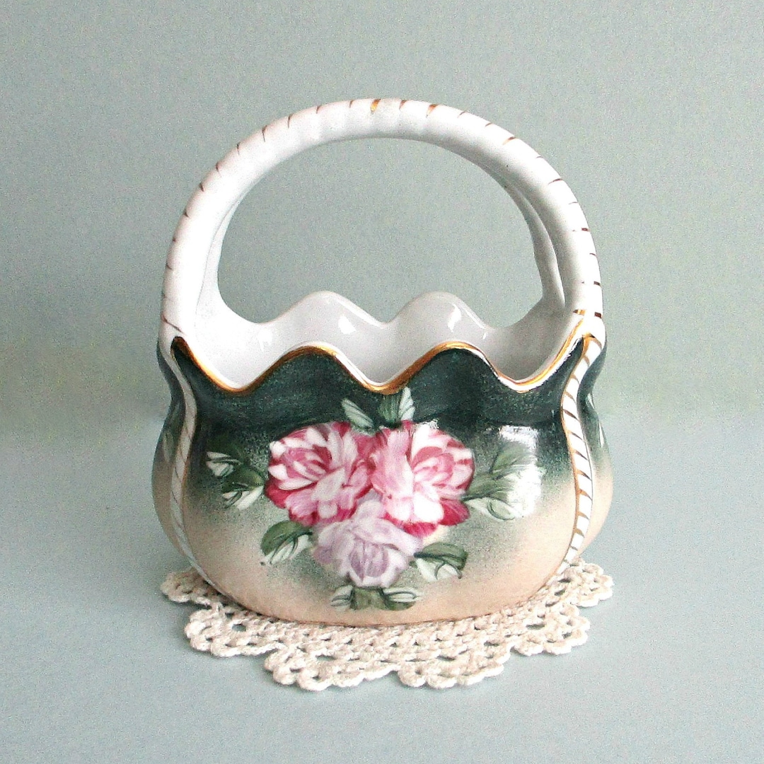 Vintage Baum Bros Porcelain Basket Vase: Hand-painted Rose Floral Decor ...