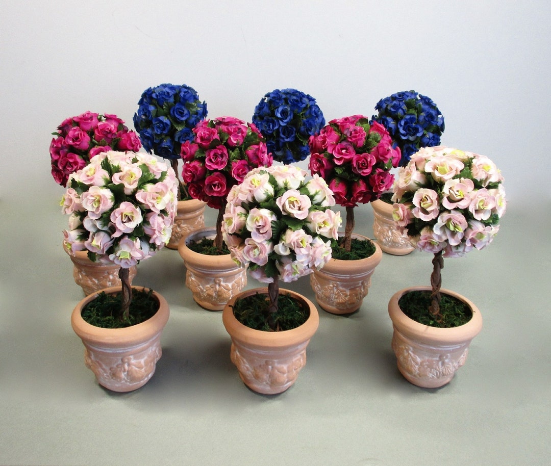2 Miniature Rose Flower Topiary Trees . Pink and Blue Mini Floral ...