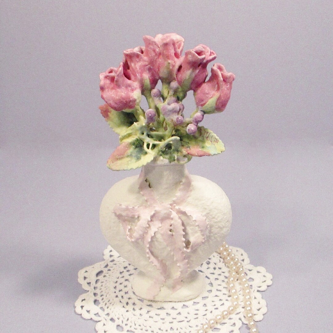 White Ceramic Pink Rose Flower Heart Vase . Victorian Valentine Floral ...