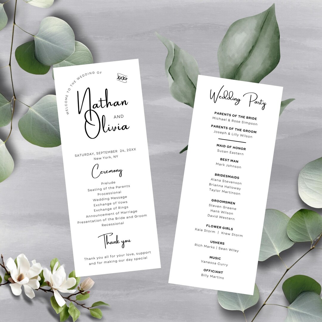 Wedding Program Template, Modern Order of Service, Simple 2-page ...