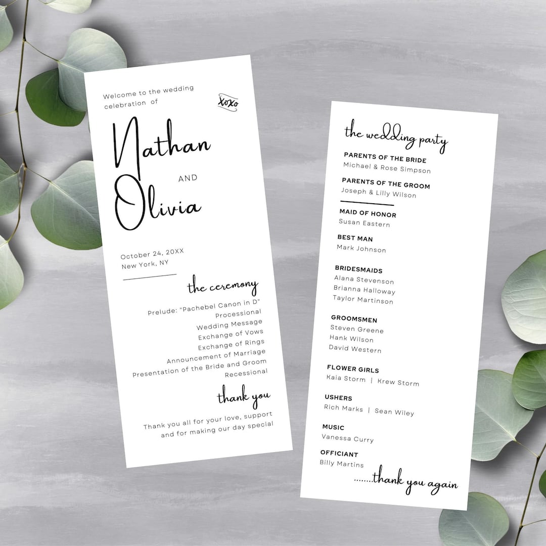 Wedding Program Template, Modern Order of Service, Simple 2-page ...