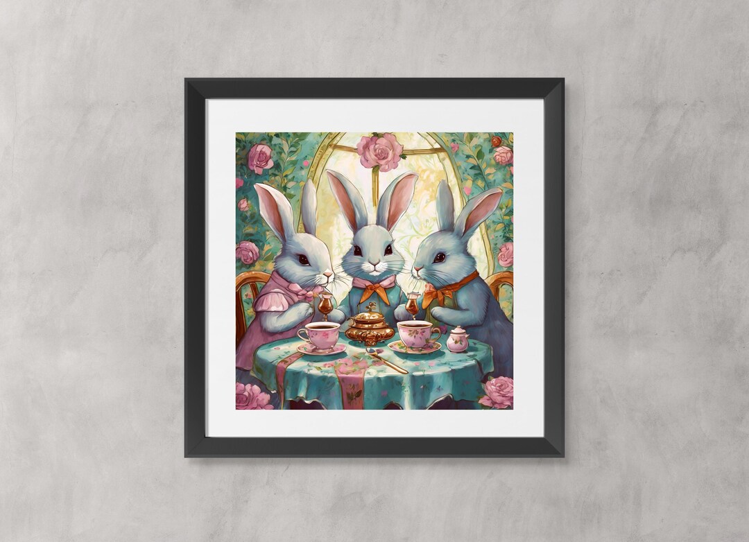 Whimsical Rabbit Tea Party Digital Art Print - REW White Rabbits - Etsy
