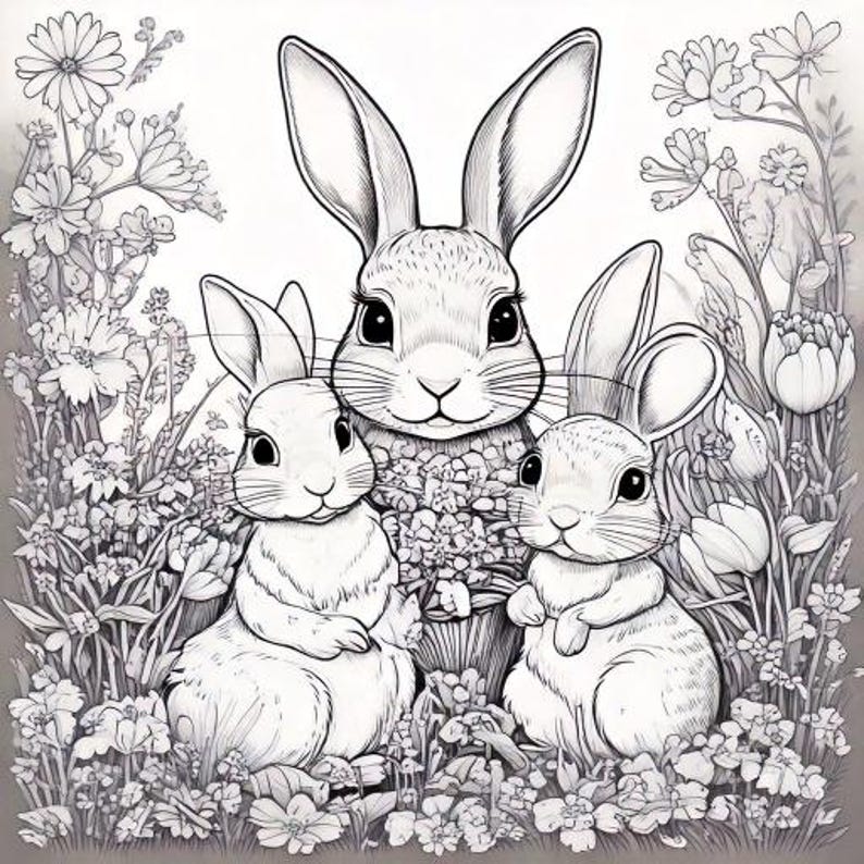 Printable Coloring Page: Springtime Rabbit Family With Flowers - Etsy