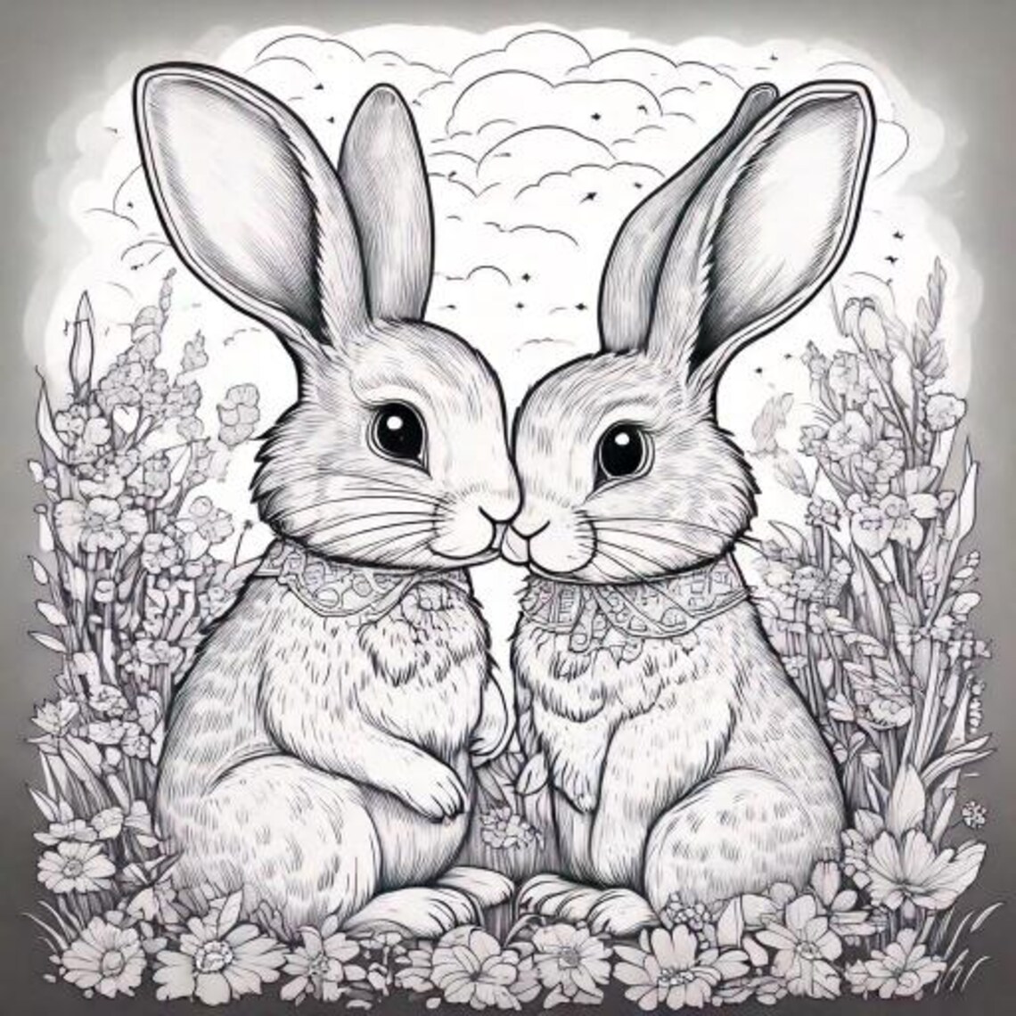 Printable Coloring Page: Springtime Rabbits With Flowers - Etsy