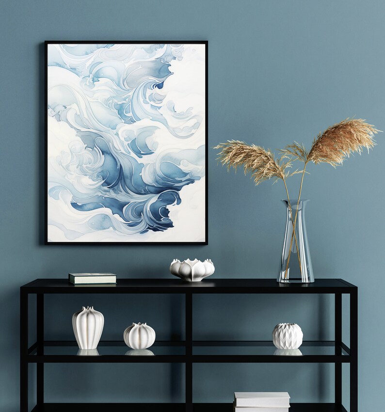 Beach House Decor Abstract Wave Print Blue Wall Art Coastal - Etsy