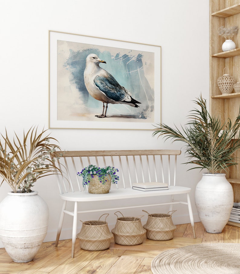 Beach House Wall Art, Coastal Decor, Bathroom Wall Print, Sea Gull Blue ...