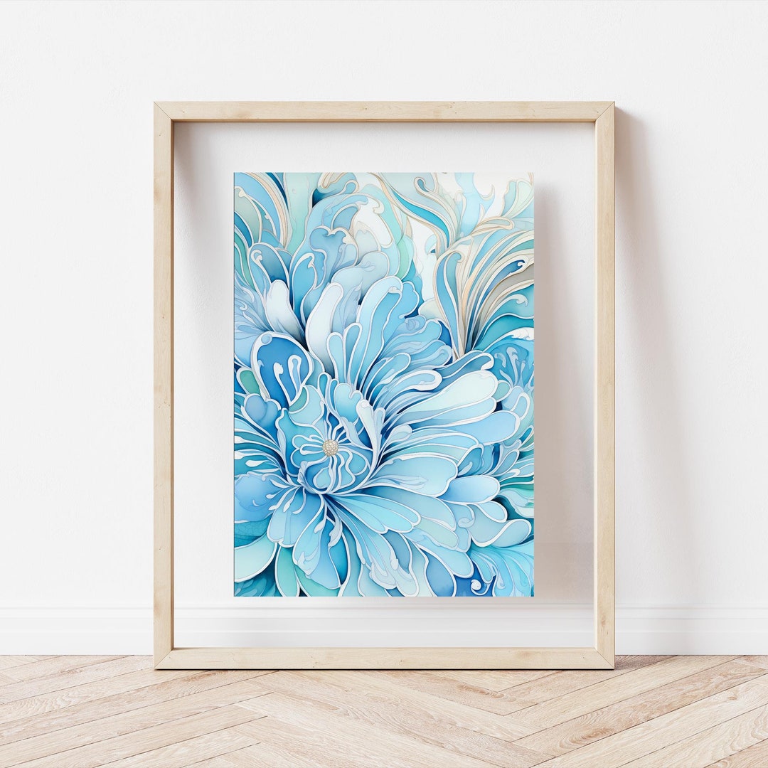 Ocean Blue Floral Watercolor Art Deco Print (digital Download) - Etsy