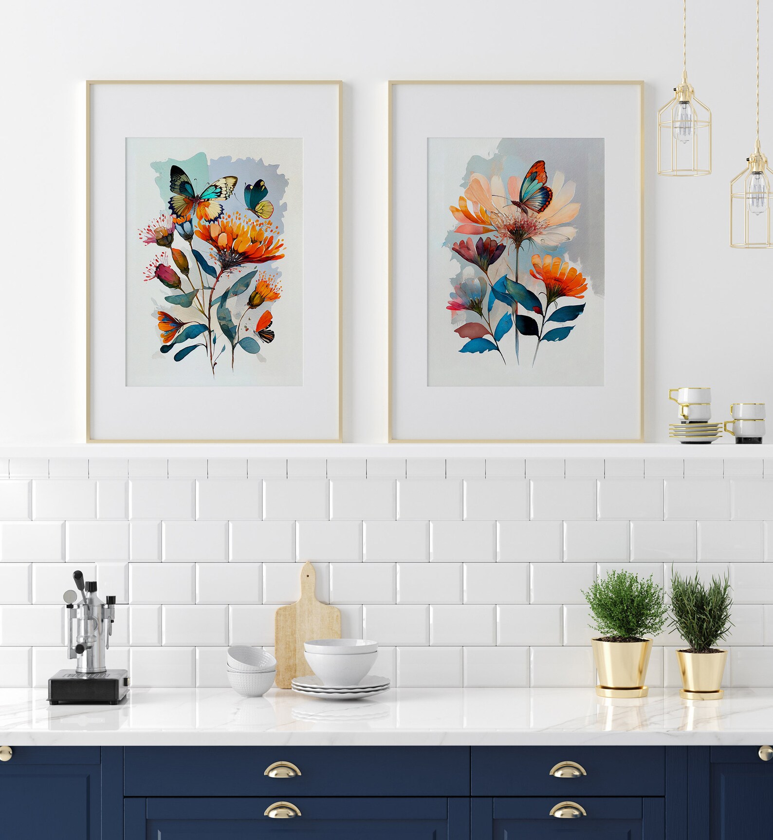 Bright Watercolor Floral Wall Art, Butterfly Prints Set of 4,botanical ...