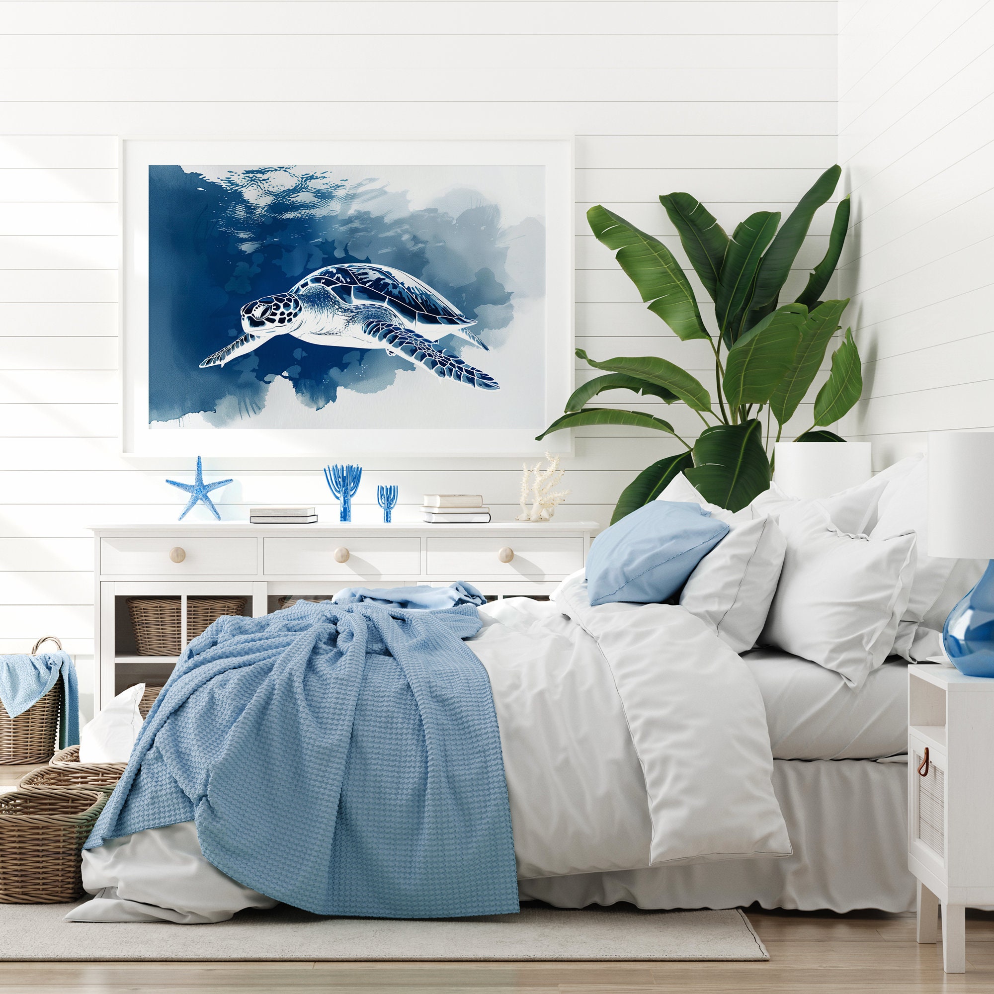 Navy Blue Turtle Print: Coastal Beach House Wall Decor Printable Poster ...