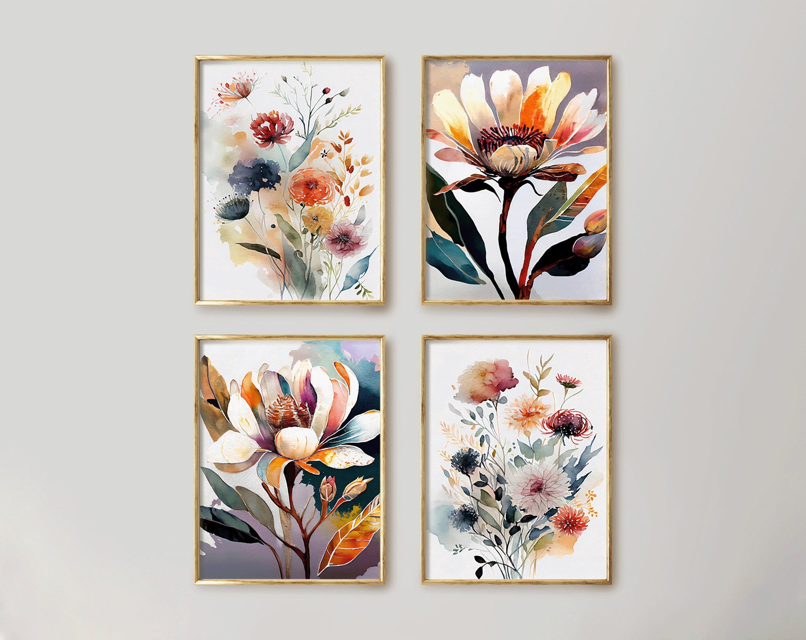 Bright Watercolor Floral Wall Art4 Pc Botanical Art - Etsy