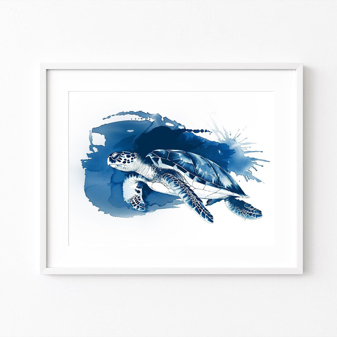Navy Blue Turtle Print: Coastal Beach House Decor Watercolor Wall Art ...
