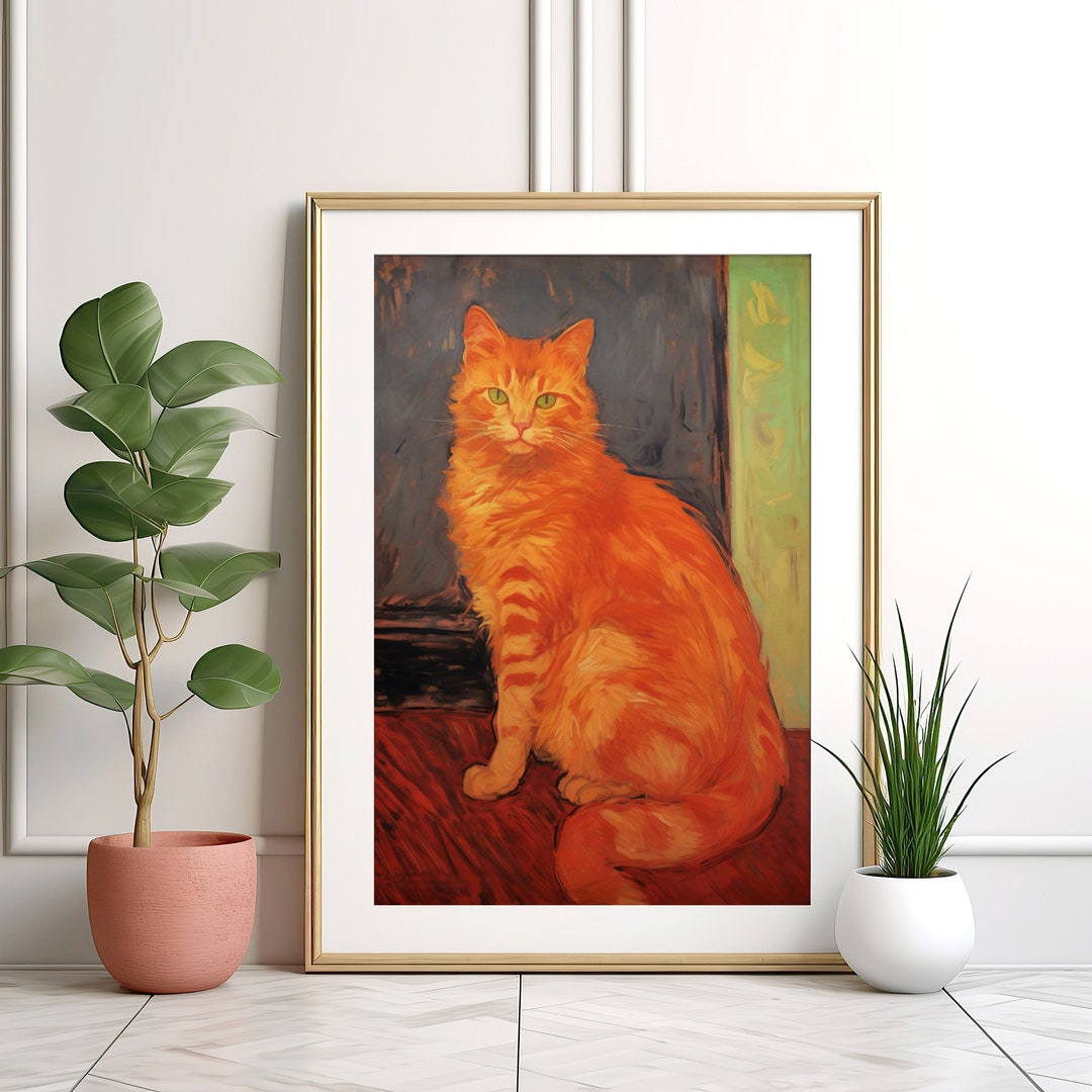 Red Cat Painting, Cat Wall Art, Cat Portrait, Cute Animal Art Print ...