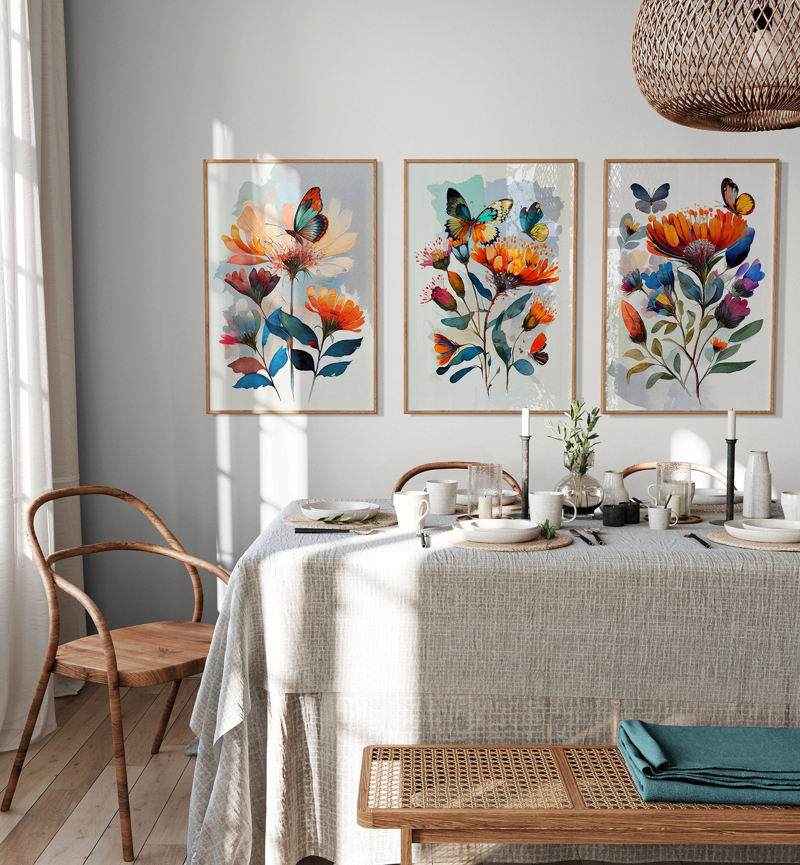 Bright Watercolor Floral Wall Art, Butterfly Prints Set of 4,botanical ...