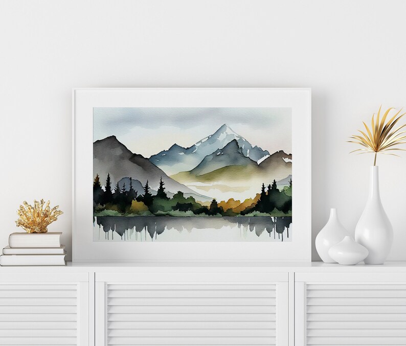 Mountain Print Watercolor Painting Mountain Landscape Wall Art Lake Art ...