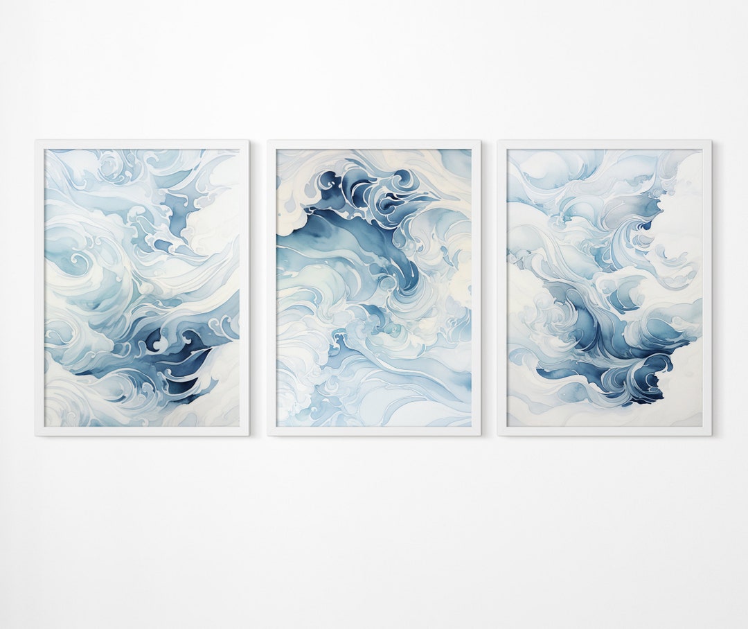 Set of 3 Blue Abstract Gallery Wall Art Wave Prints Bathroom Wall Decor ...