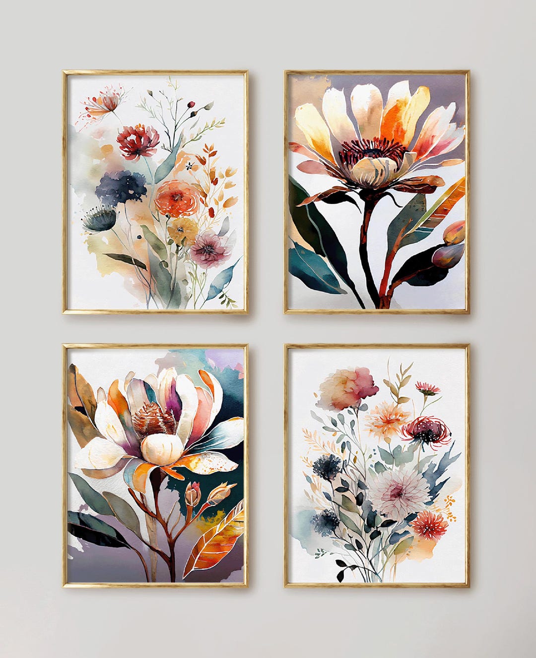 Botanical Poster Set of 4: Abstract Watercolor & Boho Floral Prints ...