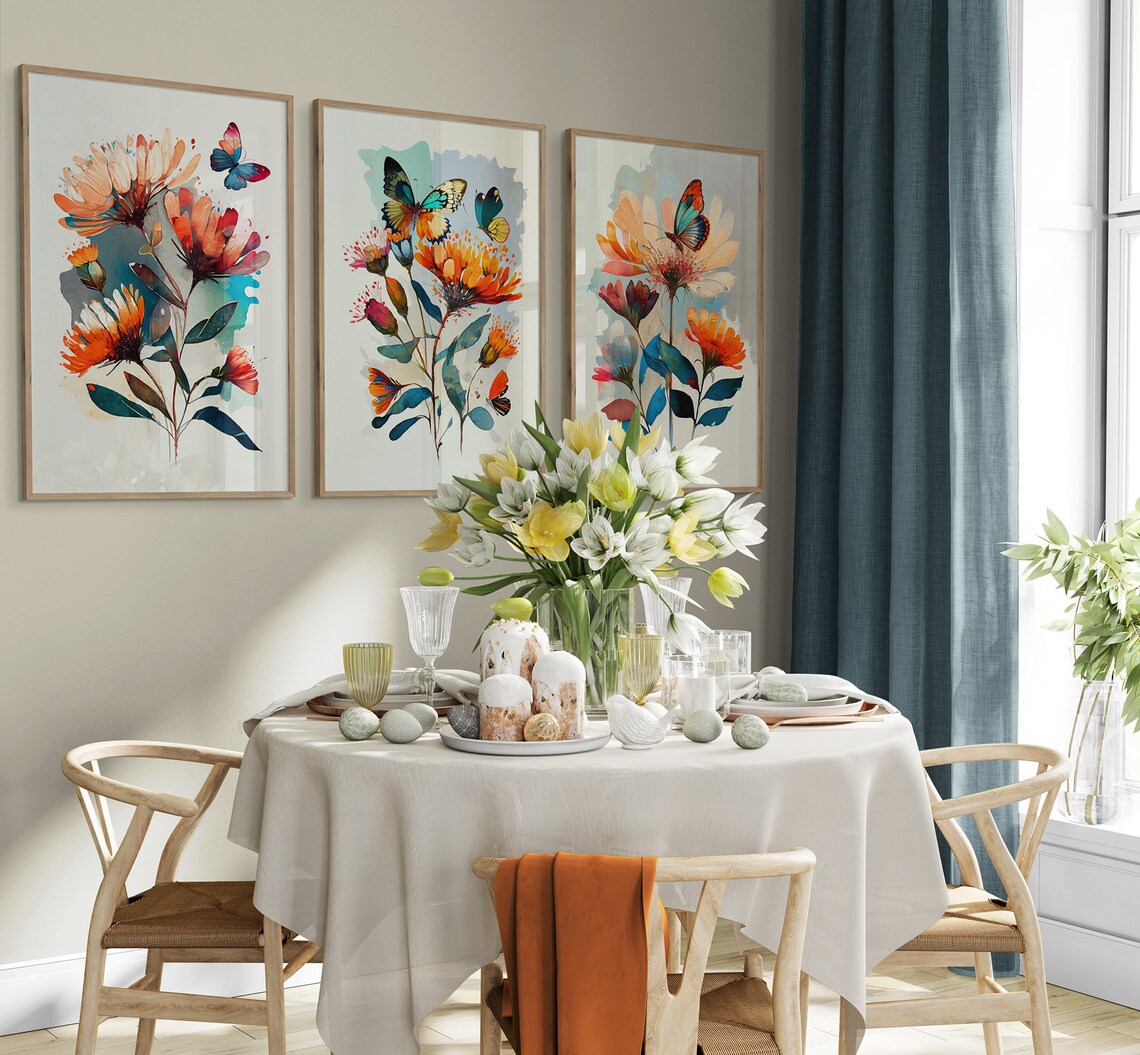 Bright Watercolor Floral Wall Art, Butterfly Prints Set of 4,botanical ...