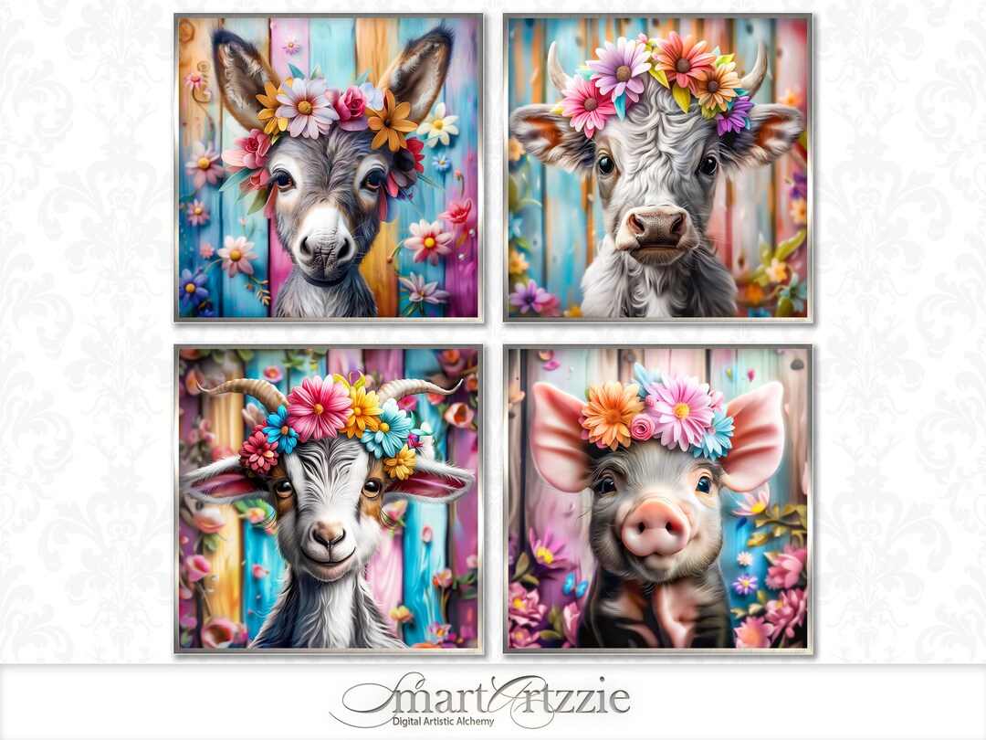 Kids Playroom Decor Farm Animal Art Set, Colorful Floral Animal Art ...