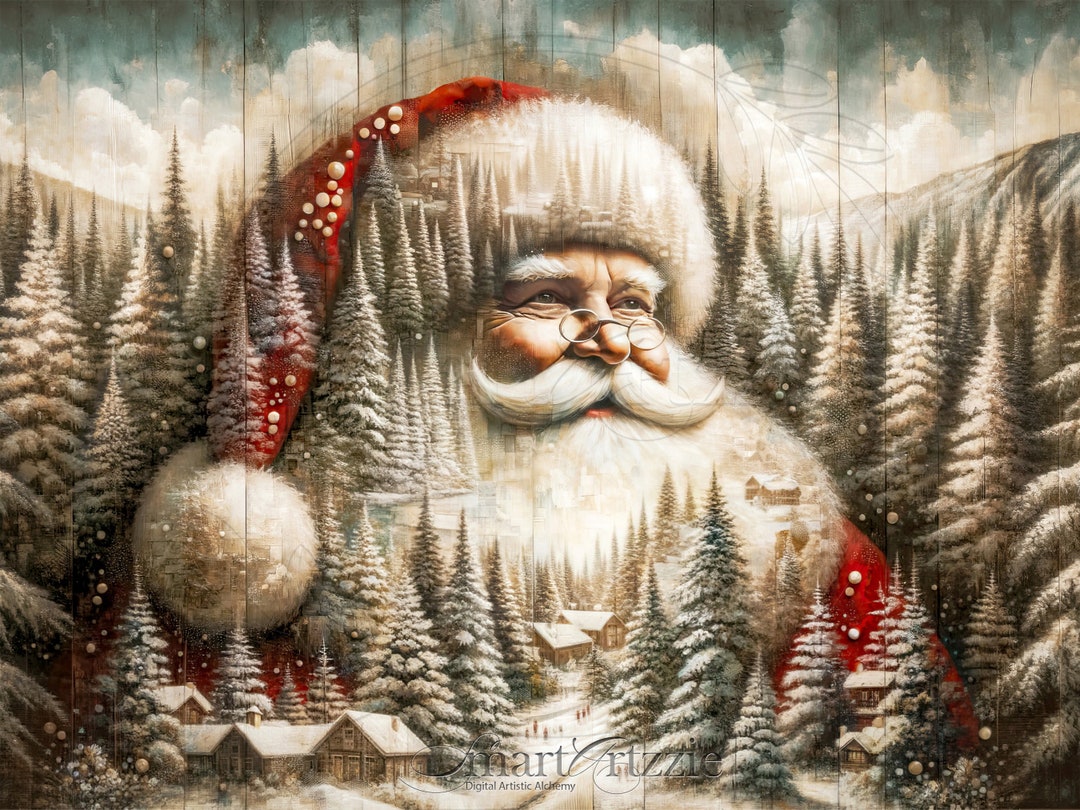 Rustic Santa Claus Artwork Vintage Christmas Print, Winter Cabin Decor ...