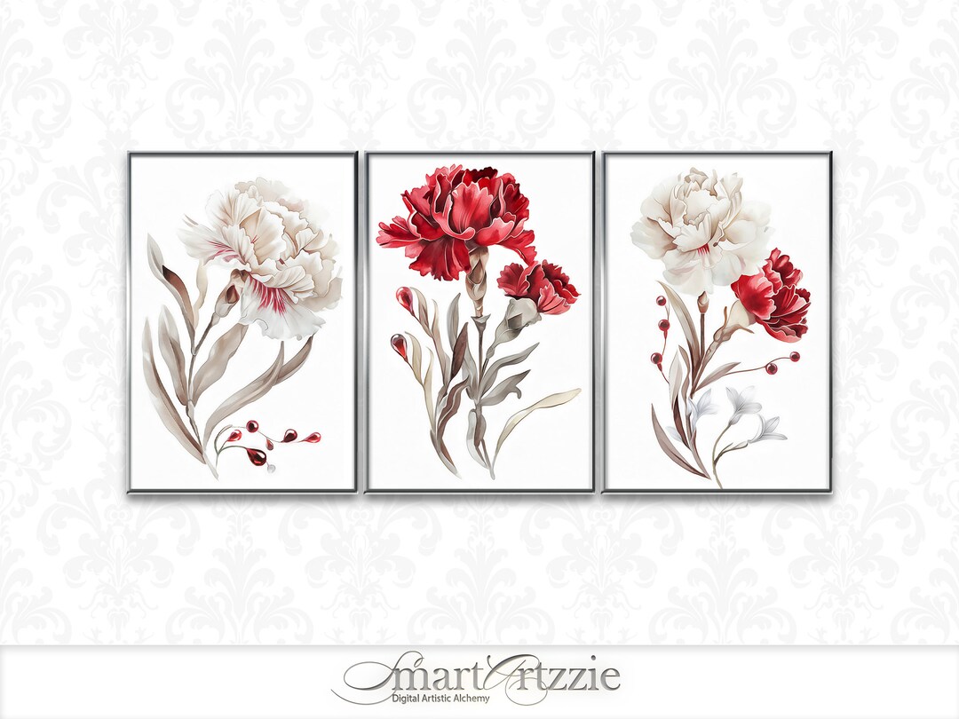 Carnation and Garnet Art Print Set - January Birthday Flower Watercolor ...