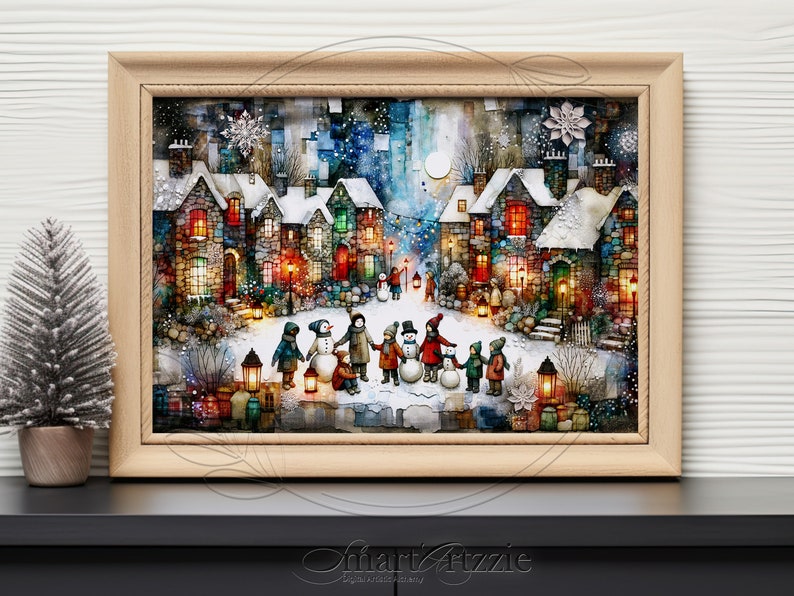 Vintage Snowy Village - Christmas Art Print for Home Decor - Instant ...
