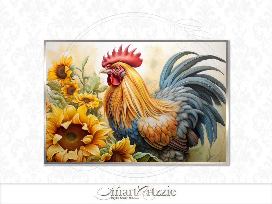 Rooster Among Sunflowers Art - Vibrant Farmhouse Kitchen Decor, Country ...