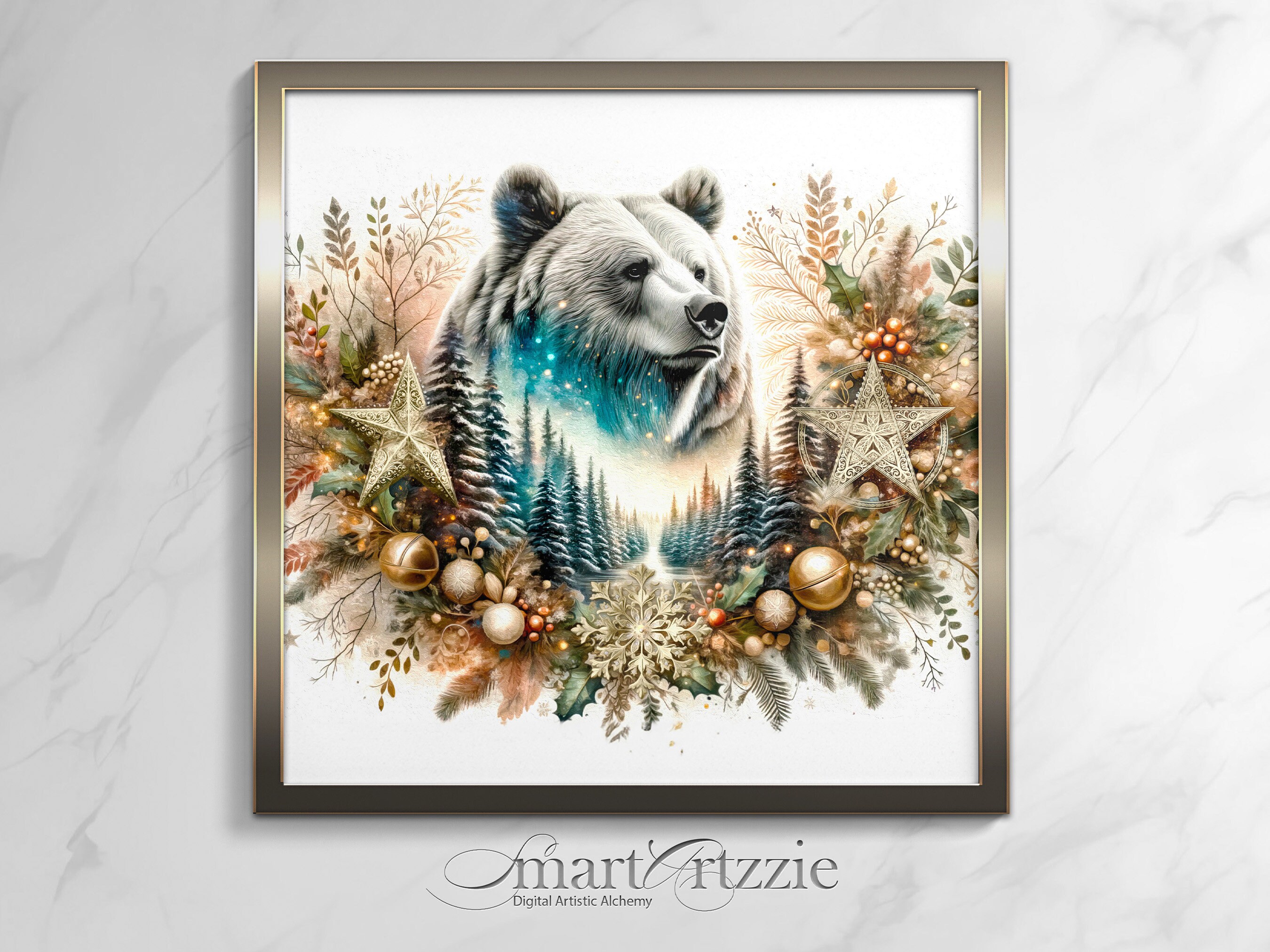 Cozy Christmas Grizzly Bear Watercolor Digital Painting Winter Wall Art Print, Custom Greeting ...