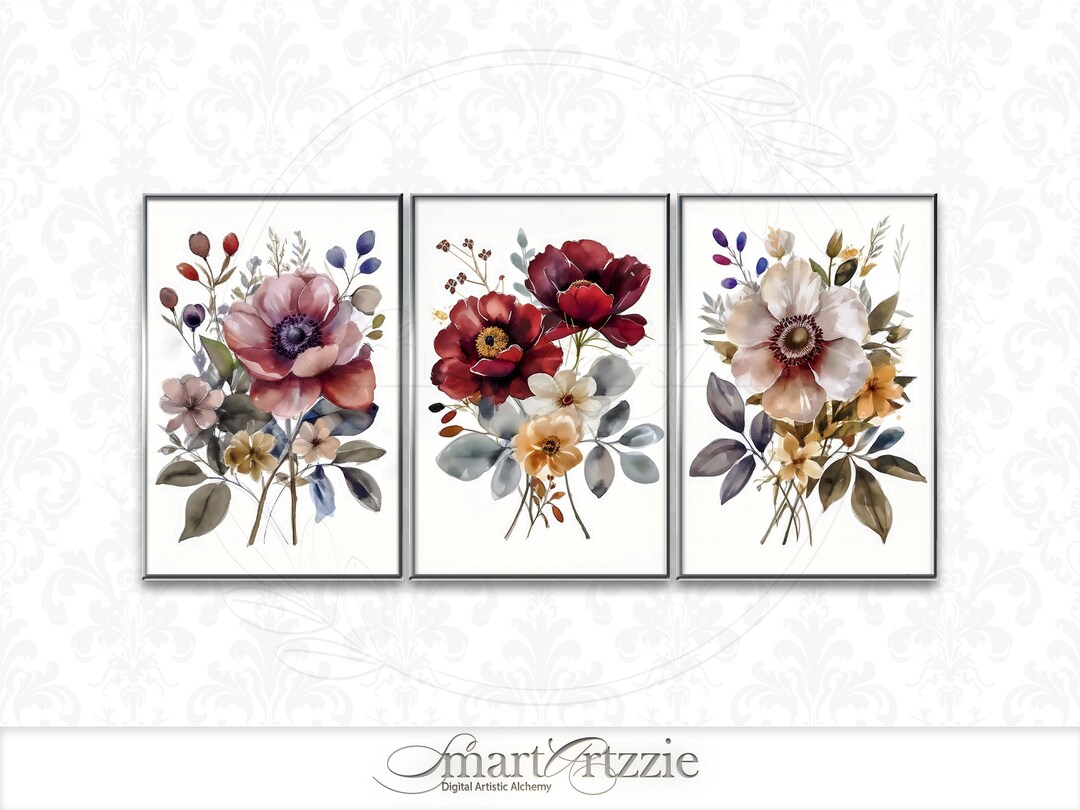 Watercolor Flower Prints Set: Botanical Triptych (digital Download) - Etsy