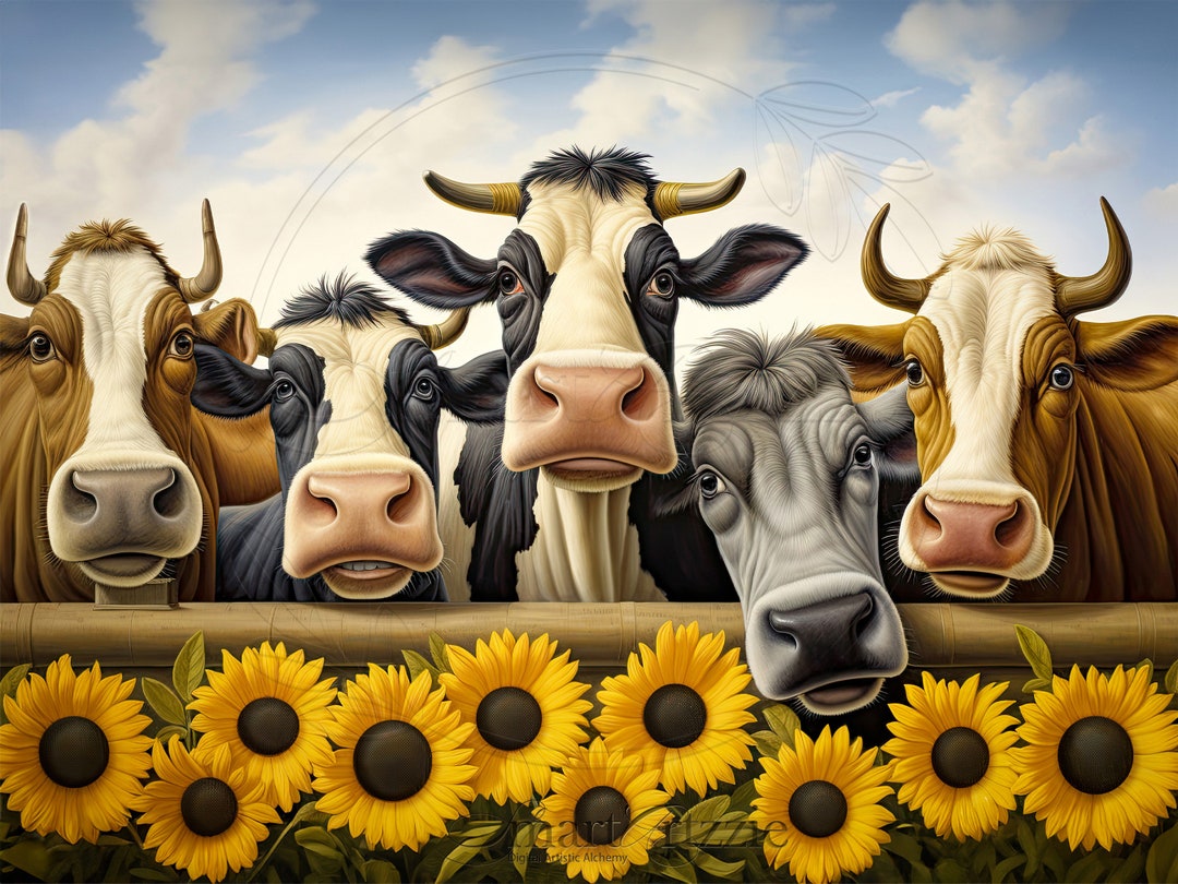 Cows and Sunflowers Art Print Rustic Farmhouse Wall Decor, Country ...