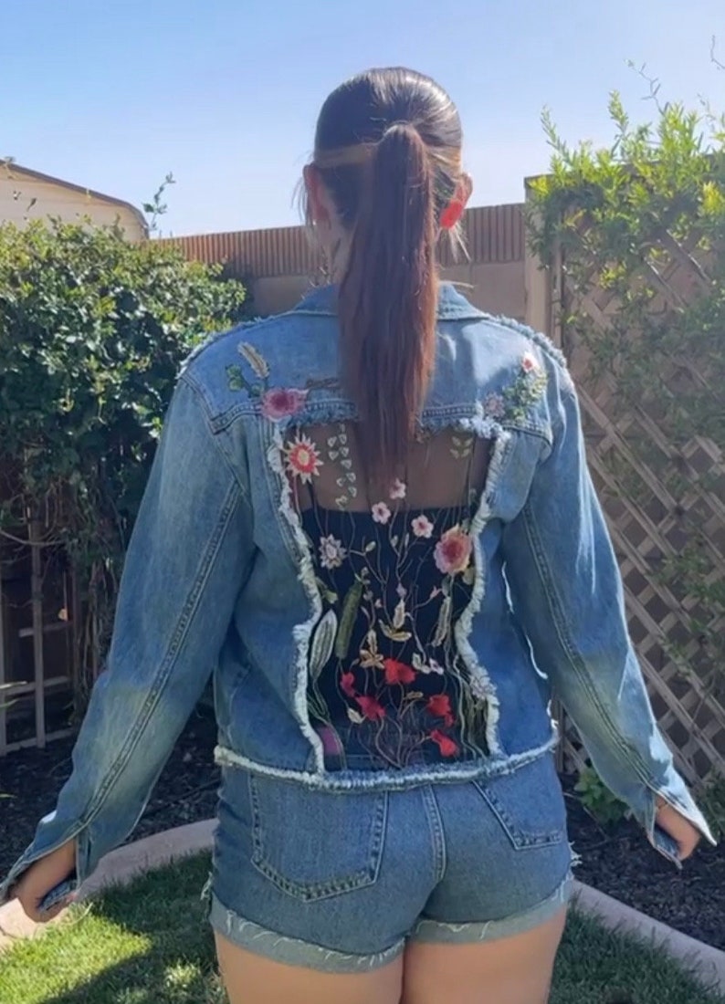 Upcycled Denim Jacket With Wildflower Mesh Lace Inserts, Boyfriend Fit ...