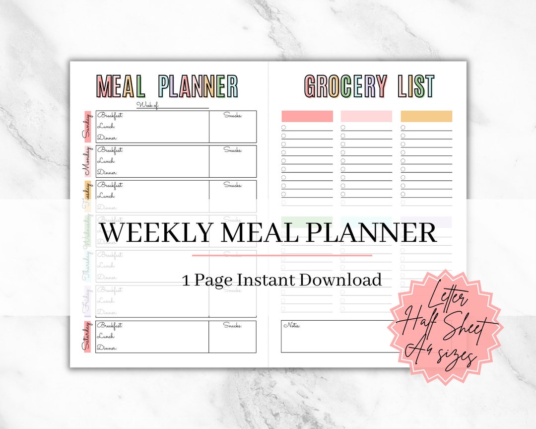 Weekly Meal Planner & Grocery List Printable PDF, Printable Meal ...