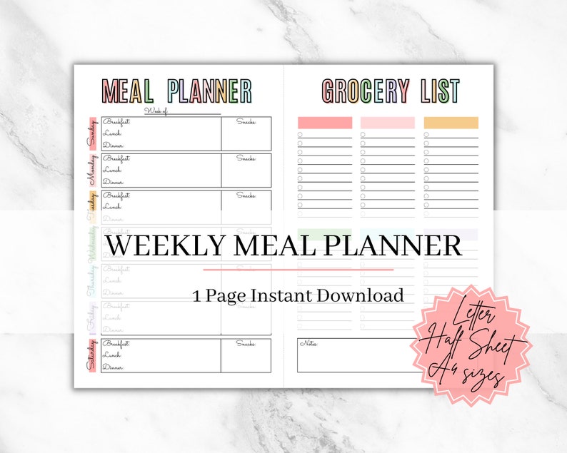Weekly Meal Planner & Grocery List Printable PDF, Printable Meal ...